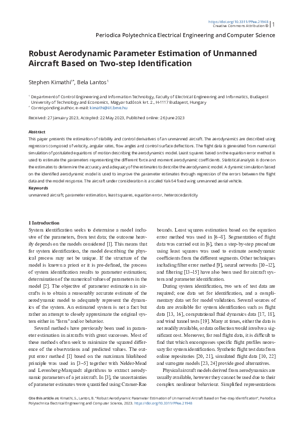(PDF) Robust Aerodynamic Parameter Estimation of Unmanned Aircraft Based on Two-step Identification