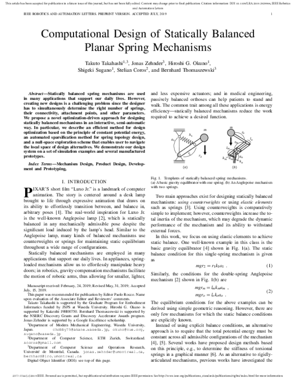 (PDF) Computational Design of Statically Balanced Planar Spring Mechanisms