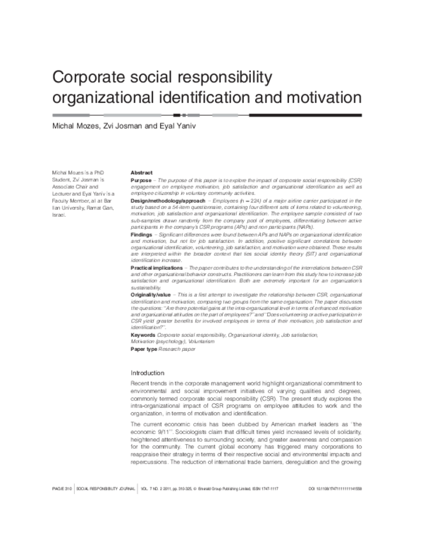 (PDF) Corporate social responsibility organizational identification and motivation
