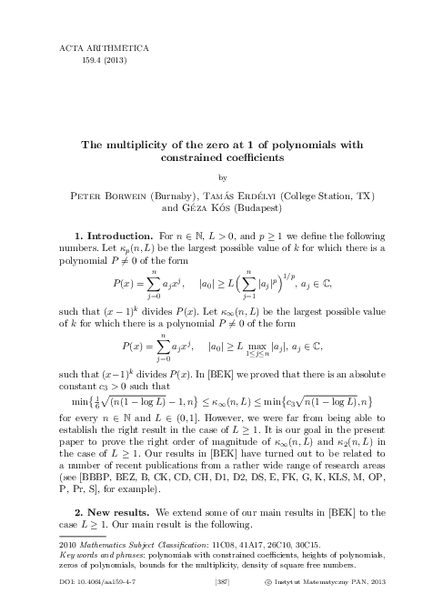 (PDF) The multiplicity of the zero at 1 of polynomials with constrained coefficients