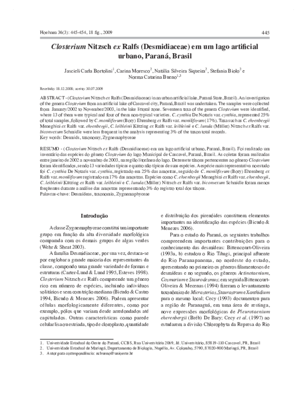 (PDF) Closterium Nitzsch ex Ralfs (Desmidiaceae) em um lago artificial ...
