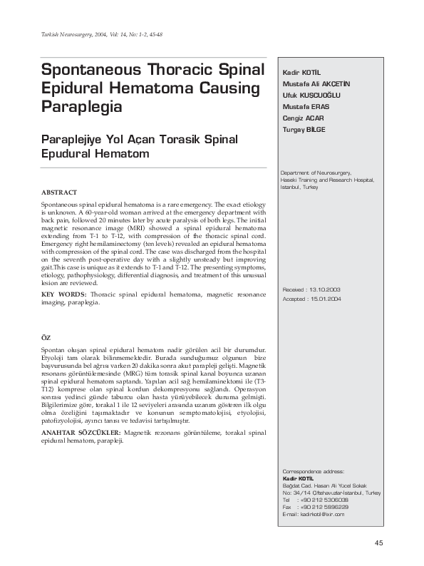 (PDF) Spontaneous Thoracic Spinal Epidural Hematoma Causing Paraplegia ...