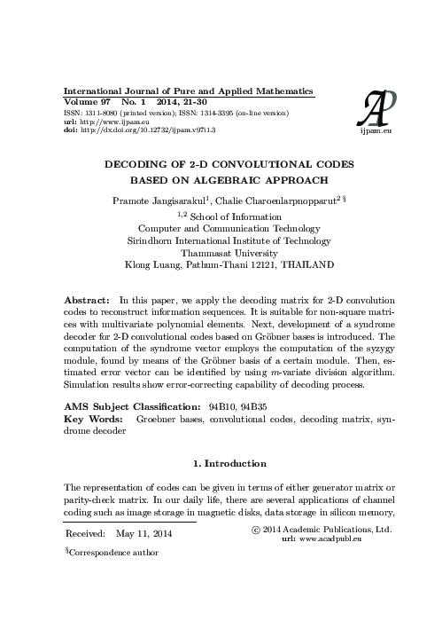 (PDF) Decoding of 2-D Convolutional Codes Based on Algebraic Approach