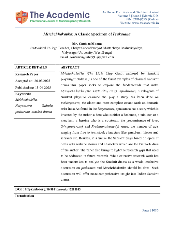 (PDF) Mrichchhakatika: A Classic Specimen of Prakarana