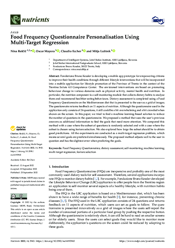 (PDF) Food Frequency Questionnaire Personalisation Using Multi-Target ...