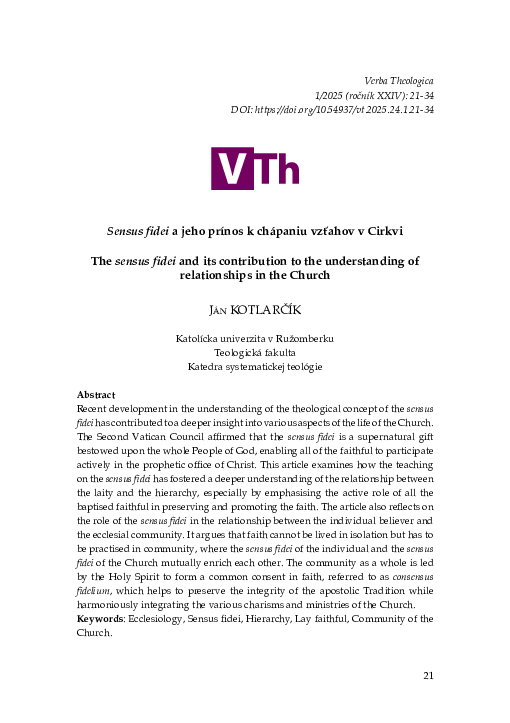 (PDF) Sensus fidei a jeho prínos k chápaniu vzťahov v Cirkvi