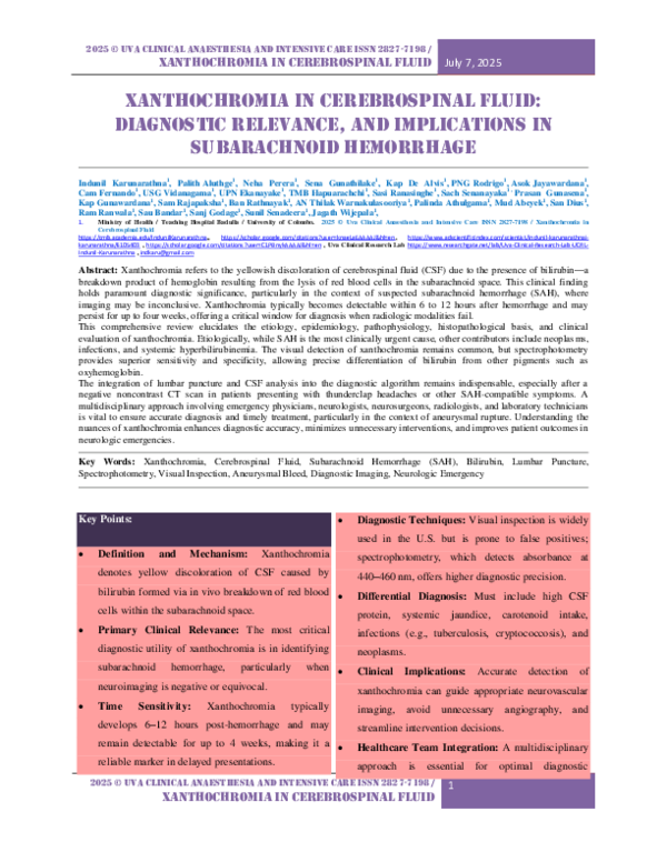 (PDF) Xanthochromia in Cerebrospinal Fluid Diagnostic Relevance, and ...
