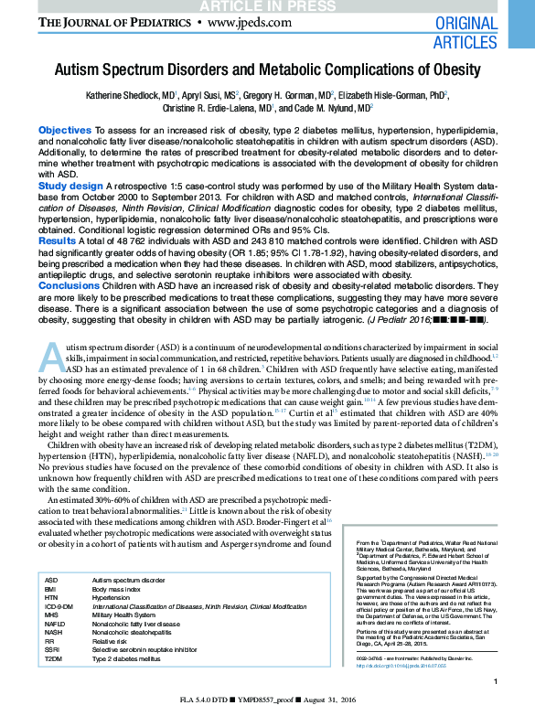 (PDF) Autism Spectrum Disorders and Metabolic Complications of Obesity