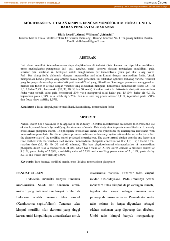 (PDF) Modifikasi Pati Talas Kimpul Dengan Monosodium Fosfat Untuk Bahan ...