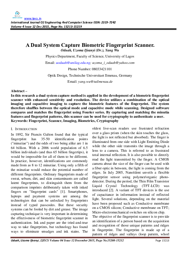 (PDF) A Dual System Capture Biometric Fingerprint Scanner
