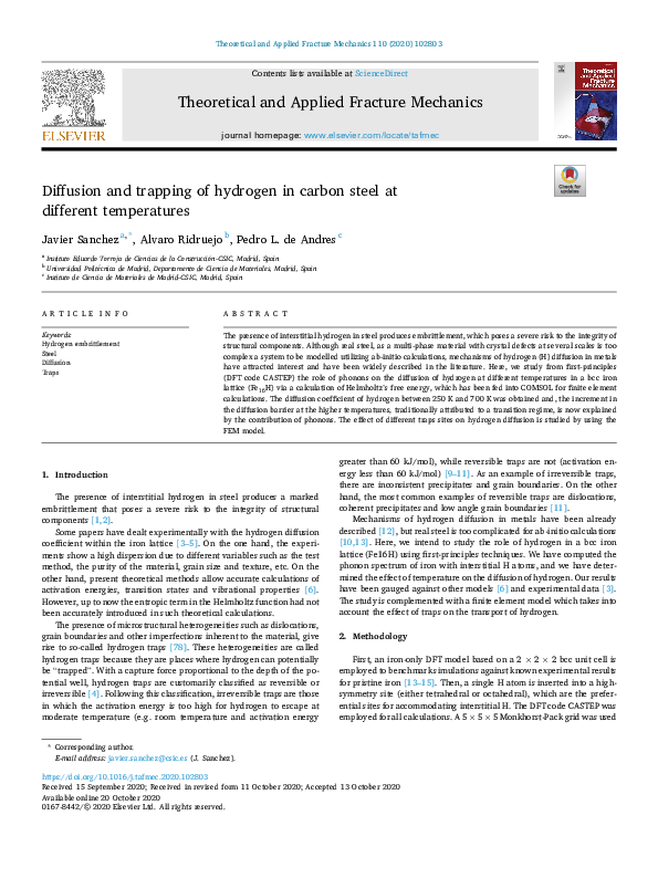 (PDF) Diffusion and trapping of hydrogen in carbon steel at different temperatures