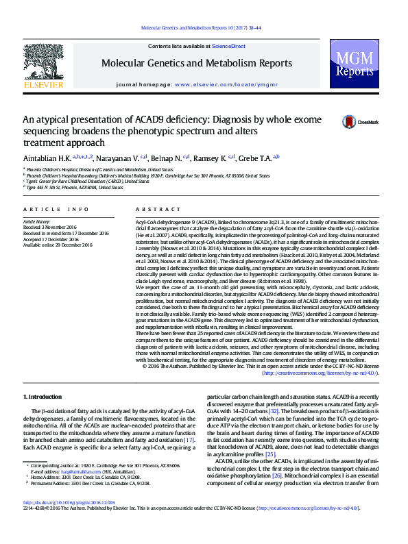 (PDF) An atypical presentation of ACAD9 deficiency: Diagnosis by whole ...