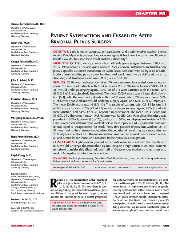 (PDF) Patient Satisfaction and Disability After Brachial Plexus Surgery