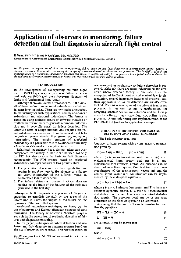 (PDF) Application of observers to monitoring, failure detection and ...