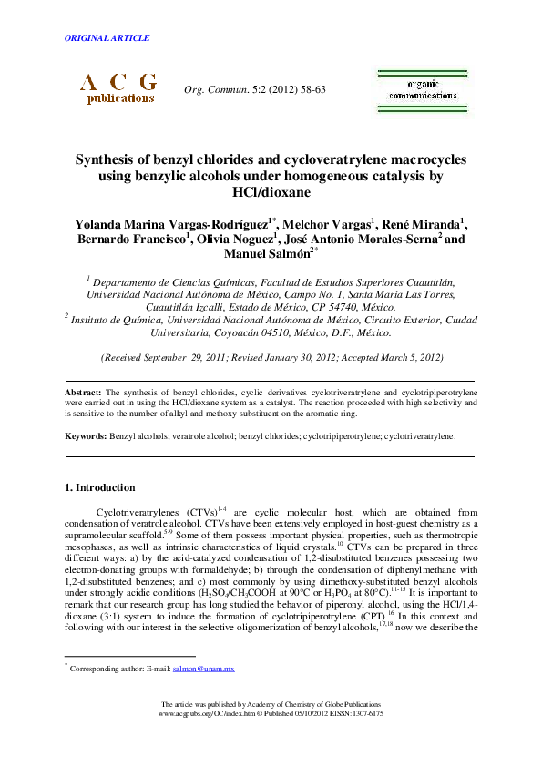 (PDF) Synthesis of benzyl chlorides and cycloveratrylene macrocycles ...