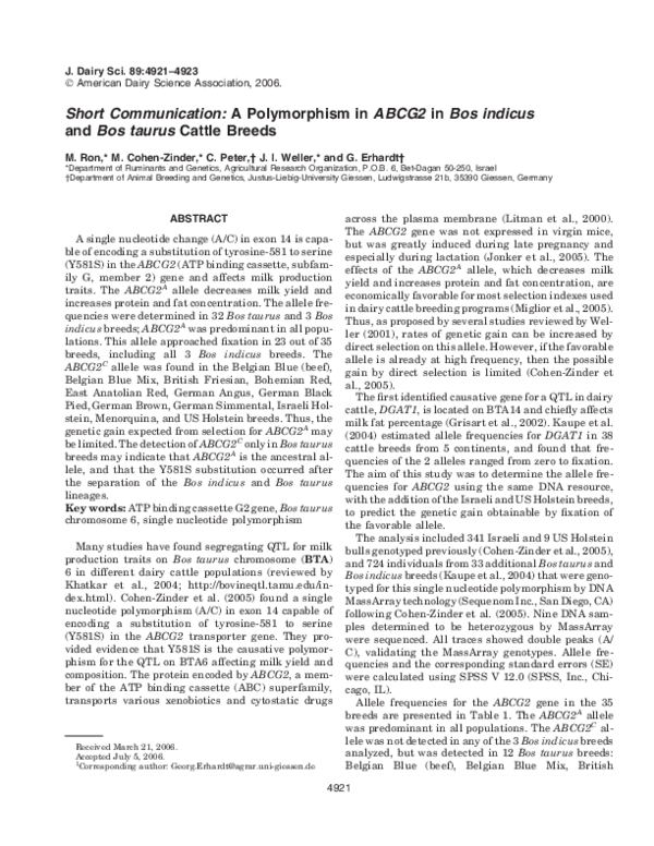 (PDF) Short Communication: A Polymorphism in ABCG2 in Bos indicus and ...
