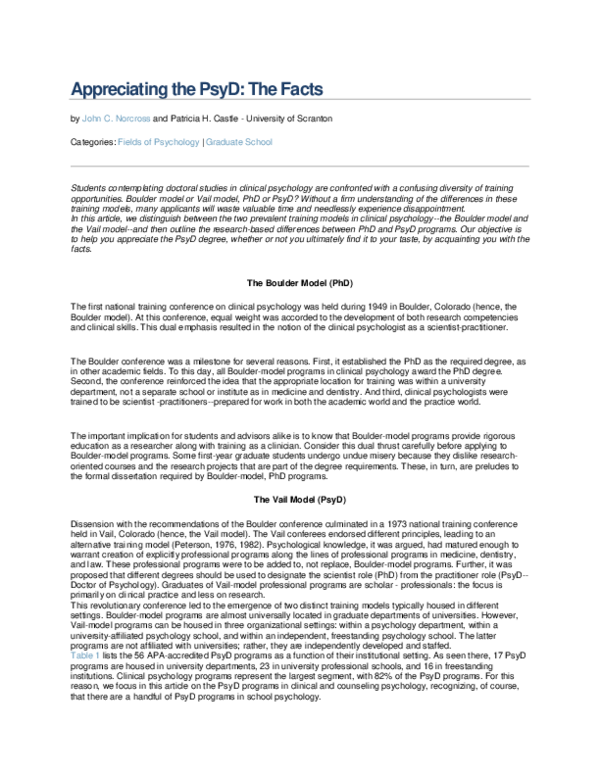 (PDF) Appreciating the PsyD: The Facts