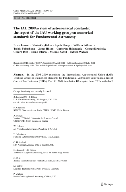 (PDF) The IAU 2009 system of astronomical constants: the report of the ...