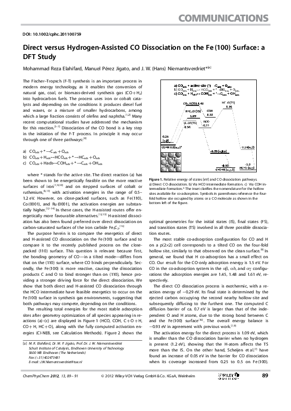 (PDF) Direct versus Hydrogen-Assisted CO Dissociation on the Fe (100 ...