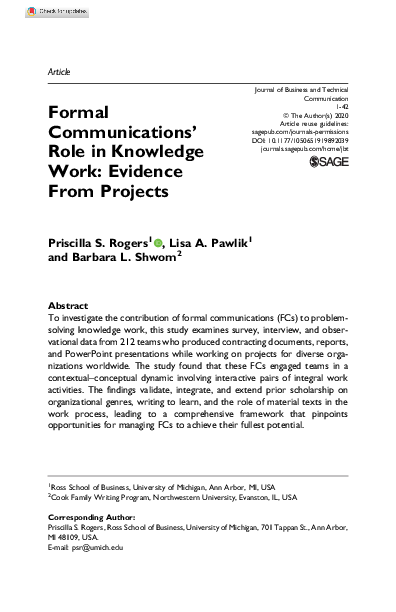 (PDF) Formal Communications’ Role in Knowledge Work: Evidence From Projects