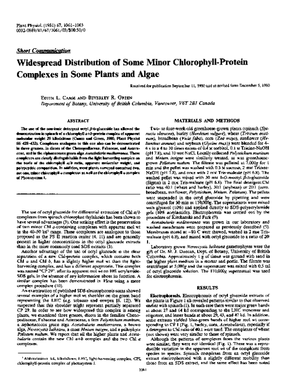 (PDF) Widespread Distribution of Some Minor Chlorophyll-Protein ...