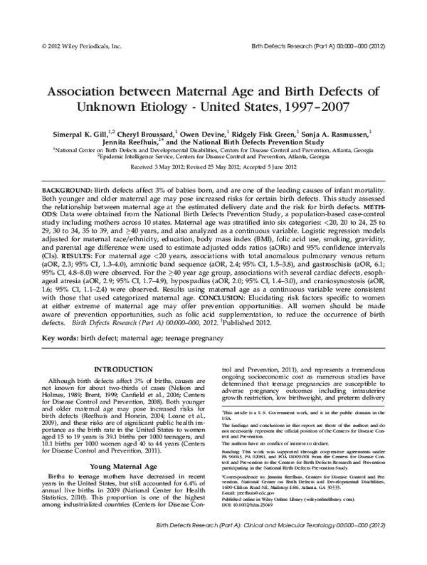 (PDF) Association Between Maternal Age and Birth Defects of Unknown ...