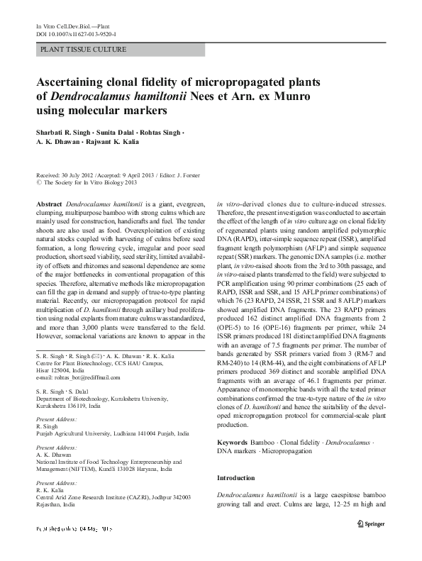 (PDF) Ascertaining clonal fidelity of micropropagated plants of ...