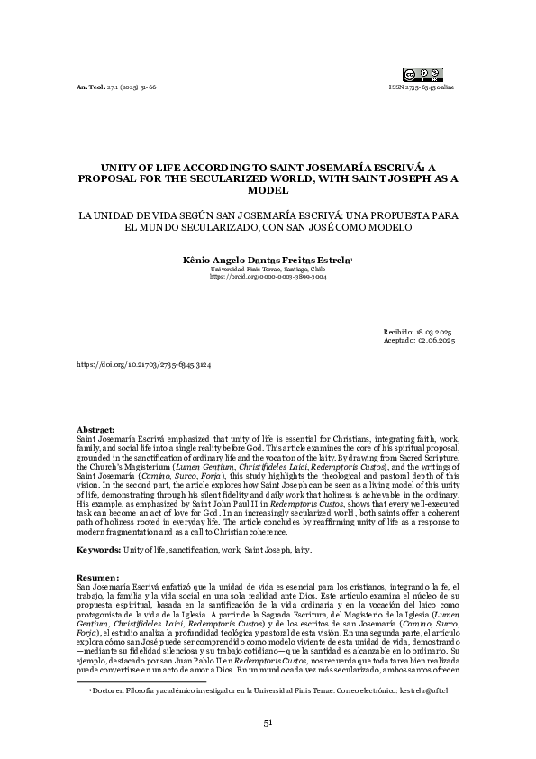 (PDF) Unity of life according to Saint Josemaría Escrivá: a proposal ...