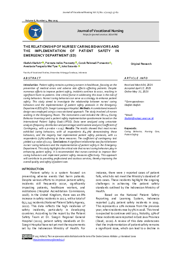 (PDF) THE RELATIONSHIP OF NURSES' CARING BEHAVIORS AND THE IMPLEMENTATION OF PATIENT SAFETY IN ...