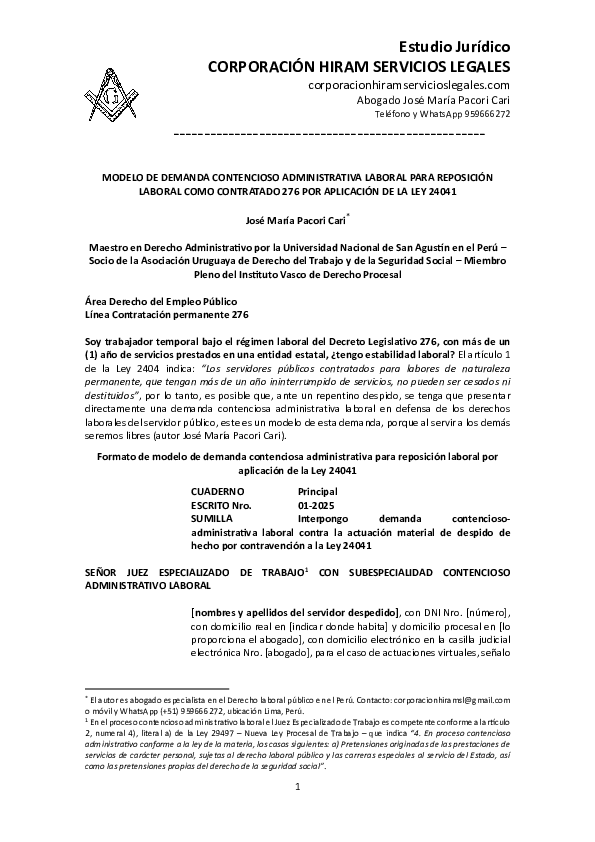 (PDF) MODELO DEMANDA CONTENCIOSO-ADMINISTRATIVA LABORAL PROTECCIÓN DE LA LEY 24041 - AUTOR JOSÉ ...