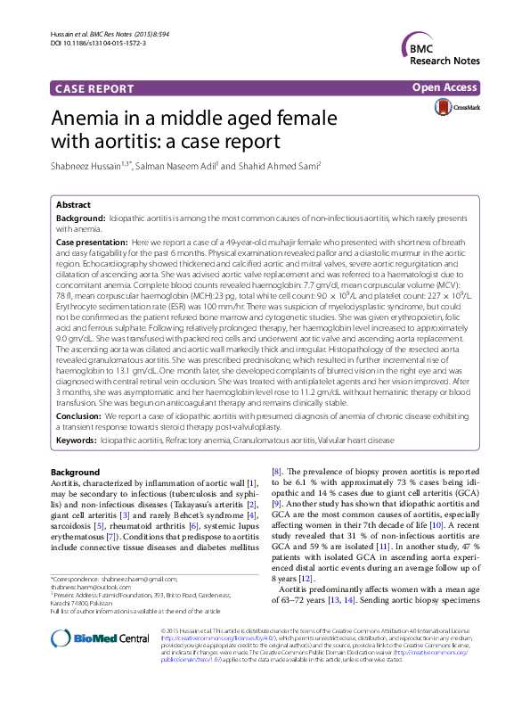 (PDF) Anemia in a middle aged female with aortitis: a case report