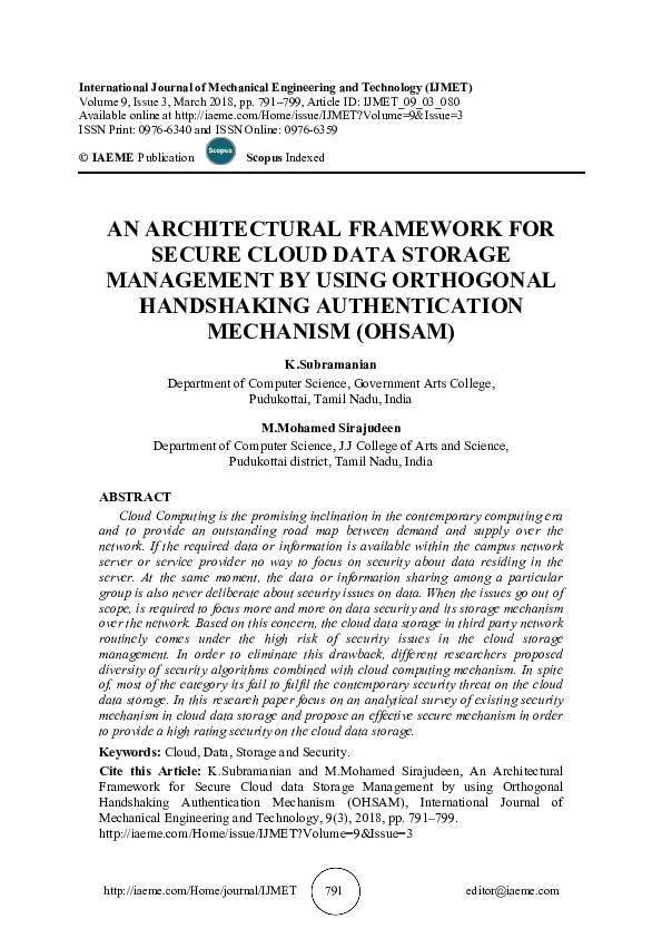 (PDF) AN ARCHITECTURAL FRAMEWORK FOR SECURE CLOUD DATA STORAGE MANAGEMENT BY USING ORTHOGONAL ...