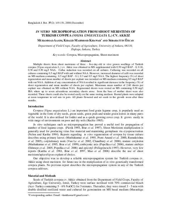 (PDF) In vitro micropropagation from shoot meristems of Turkish cowpea ...