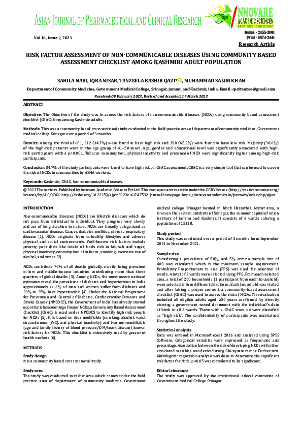 (PDF) Risk Factor Assessment of Non-Communicable Diseases Using ...