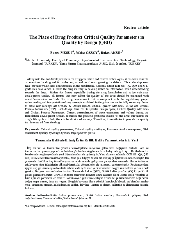 (PDF) The Place of Drug Product Critical Quality Parameters in Quality ...