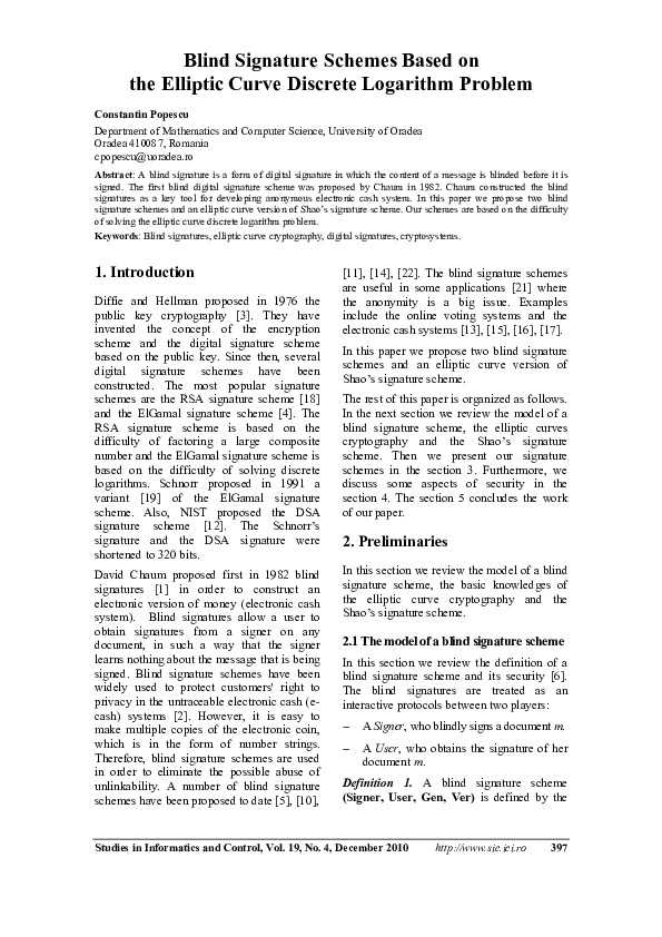 (PDF) Blind Signature Schemes Based on the Elliptic Curve Discrete ...