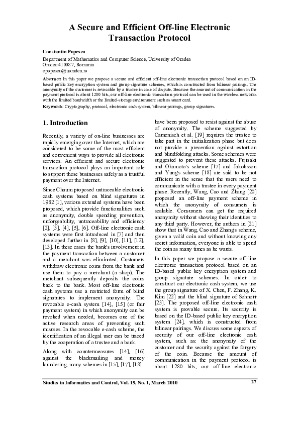 (PDF) A Secure and Efficient Off-line Electronic Transaction Protocol