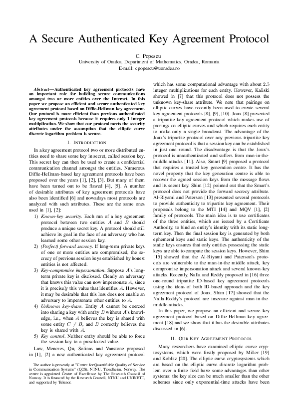 (PDF) A secure authenticated key agreement protocol