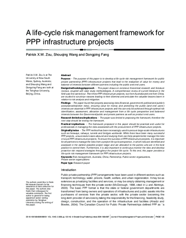 (PDF) A life‐cycle risk management framework for PPP infrastructure ...