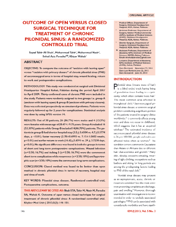 (PDF) .Outcome of open versus closed surgical technique for treatment ...