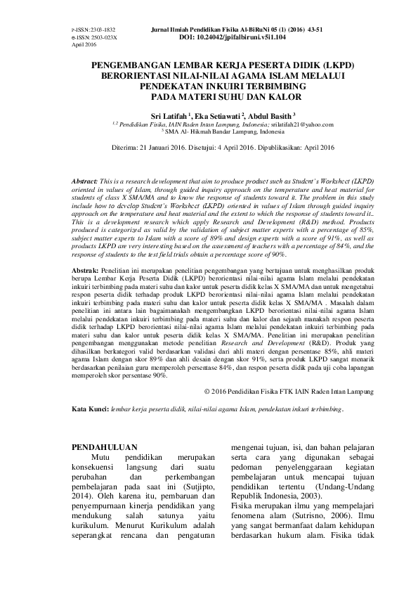 (PDF) Pengembangan Lembar Kerja Peserta Didik (LKPD) Berorientasi Nilai-Nilai Agama Islam ...