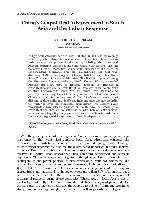 (PDF) China's Geopolitical Advancement in South Asia and the Indian ...