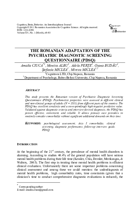 (PDF) The Romanian Adaptation of the Psychiatric Diagnostic Screening ...
