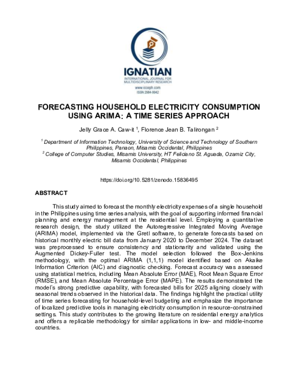 (PDF) FORECASTING HOUSEHOLD ELECTRICITY CONSUMPTION USING ARIMA A TIME SERIES APPROACH