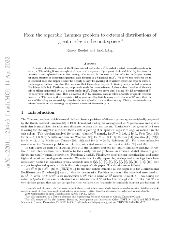 (PDF) From the separable Tammes problem to extremal distributions of ...
