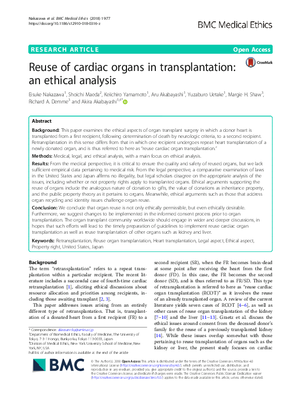 (PDF) Reuse of cardiac organs in transplantation: an ethical analysis