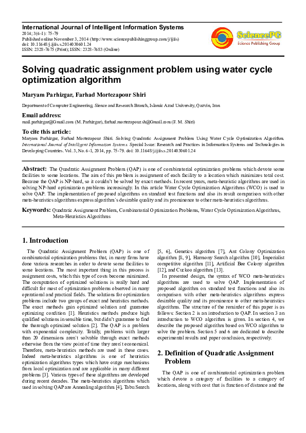 (PDF) Solving Quadratic Assignment Problem Using Water Cycle Optimization Algorithm