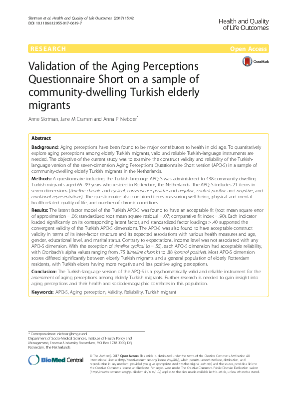 (PDF) Validation of the Aging Perceptions Questionnaire Short on a ...