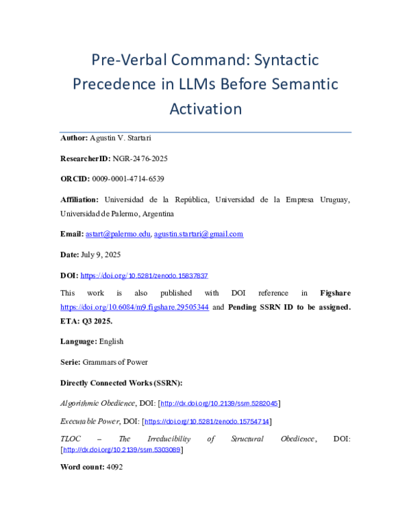 (PDF) Pre-Verbal Command: Syntactic Precedence in LLMs Before Semantic ...