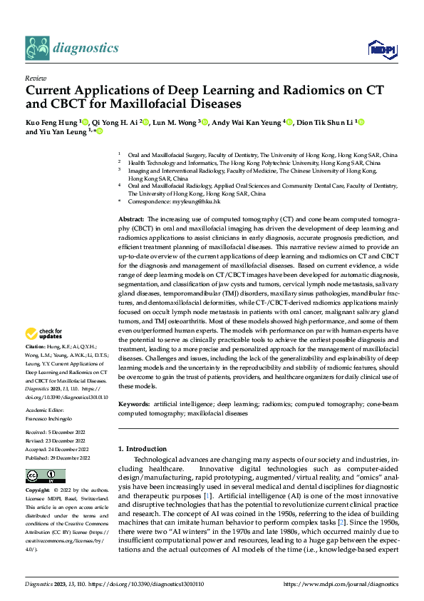 (PDF) Current Applications of Deep Learning and Radiomics on CT and CBCT for Maxillofacial Diseases